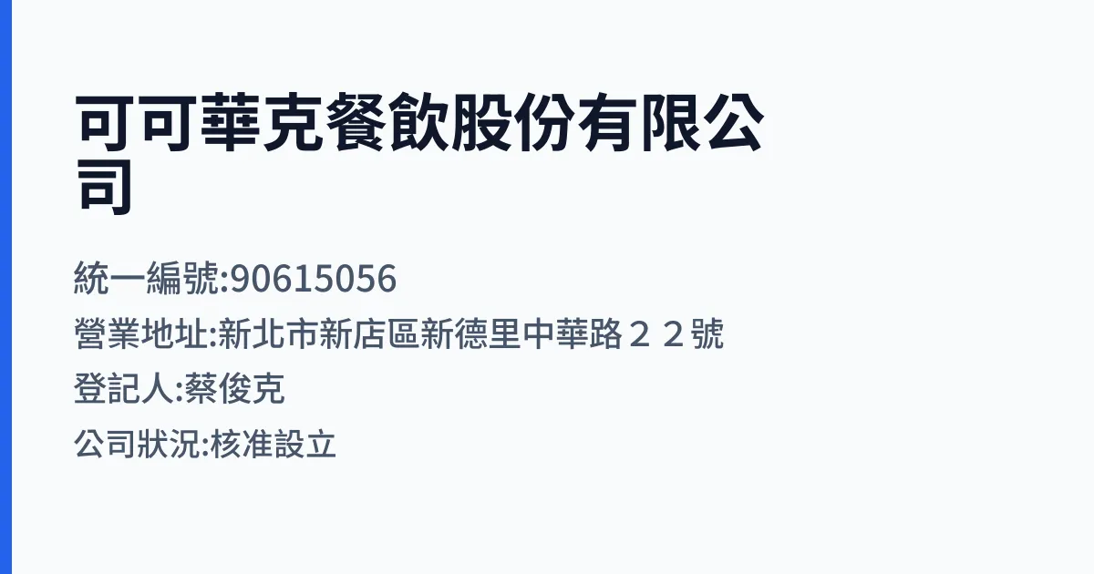 可可華克餐飲股份有限公司 - 統編 90615056(新北市) 公司登記資料與營業項目詳細圖表