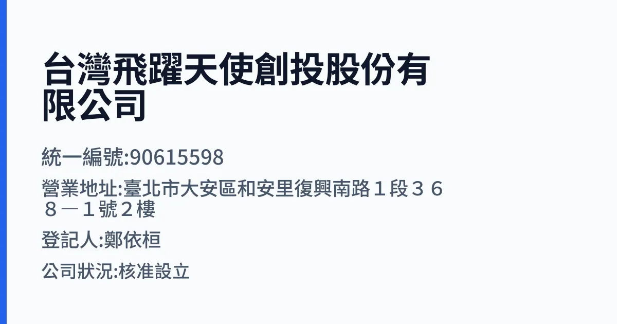 台灣飛躍天使創投股份有限公司 - 統編 90615598(臺北市) 公司登記資料與營業項目詳細圖表