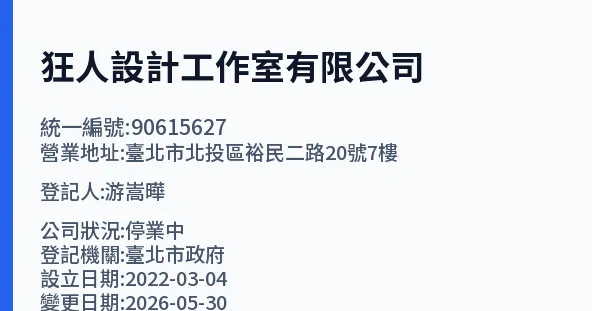 狂人設計工作室有限公司的照片-統編 90615627(臺北市) 公司登記資料與營業項目詳細圖表