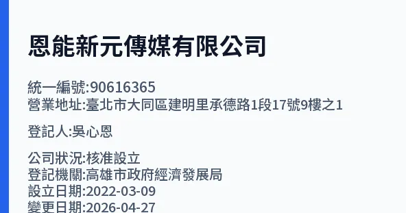 恩能新元傳媒有限公司的照片-統編 90616365(臺北市) 公司登記資料與營業項目詳細圖表