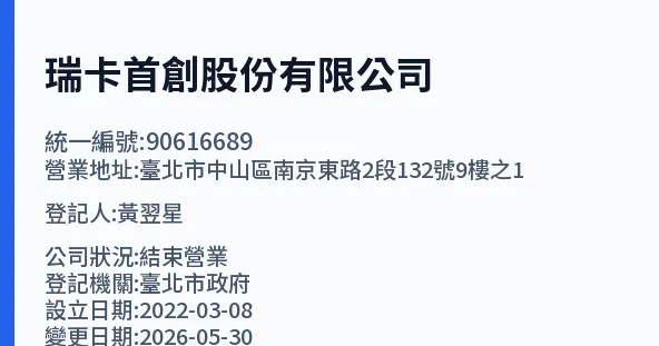 瑞卡首創股份有限公司的照片-統編 90616689(臺北市) 公司登記資料與營業項目詳細圖表