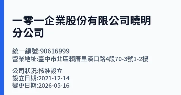 一零一企業股份有限公司曉明分公司的照片-統編 90616999(臺中市) 公司登記資料與營業項目詳細圖表