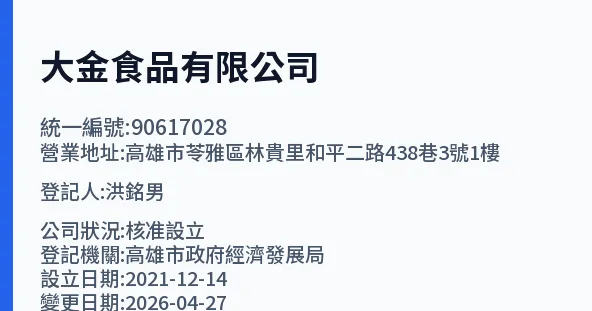 大金食品有限公司的照片-統編 90617028(高雄市) 公司登記資料與營業項目詳細圖表