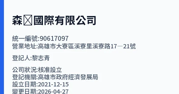 森㒲國際有限公司的照片-統編 90617097(高雄市) 公司登記資料與營業項目詳細圖表