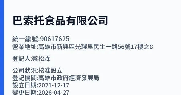 巴索托食品有限公司的照片-統編 90617625(高雄市) 公司登記資料與營業項目詳細圖表