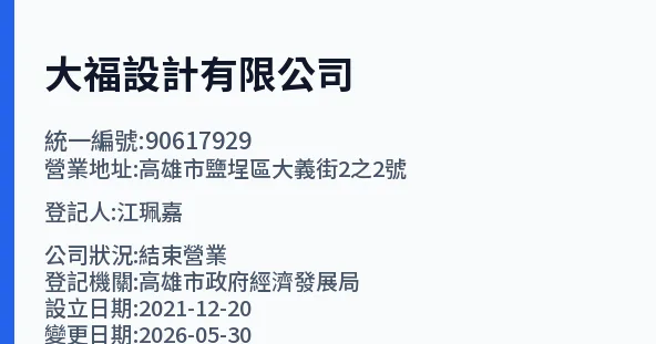 大福設計有限公司的照片-統編 90617929(高雄市) 公司登記資料與營業項目詳細圖表
