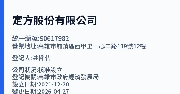 定方股份有限公司的照片-統編 90617982(高雄市) 公司登記資料與營業項目詳細圖表