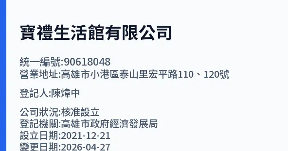 寶禮生活館有限公司的照片-統編 90618048(高雄市) 公司登記資料與營業項目詳細圖表