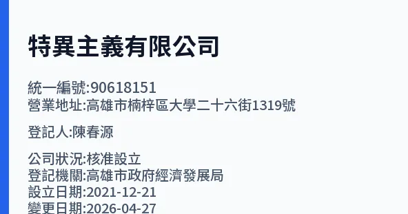 特異主義有限公司的照片-統編 90618151(高雄市) 公司登記資料與營業項目詳細圖表
