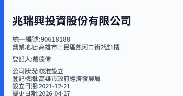 兆瑞興投資股份有限公司的照片-統編 90618188(高雄市) 公司登記資料與營業項目詳細圖表