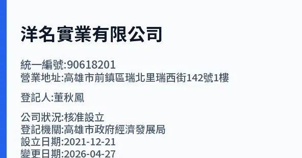 洋名實業有限公司的照片-統編 90618201(高雄市) 公司登記資料與營業項目詳細圖表