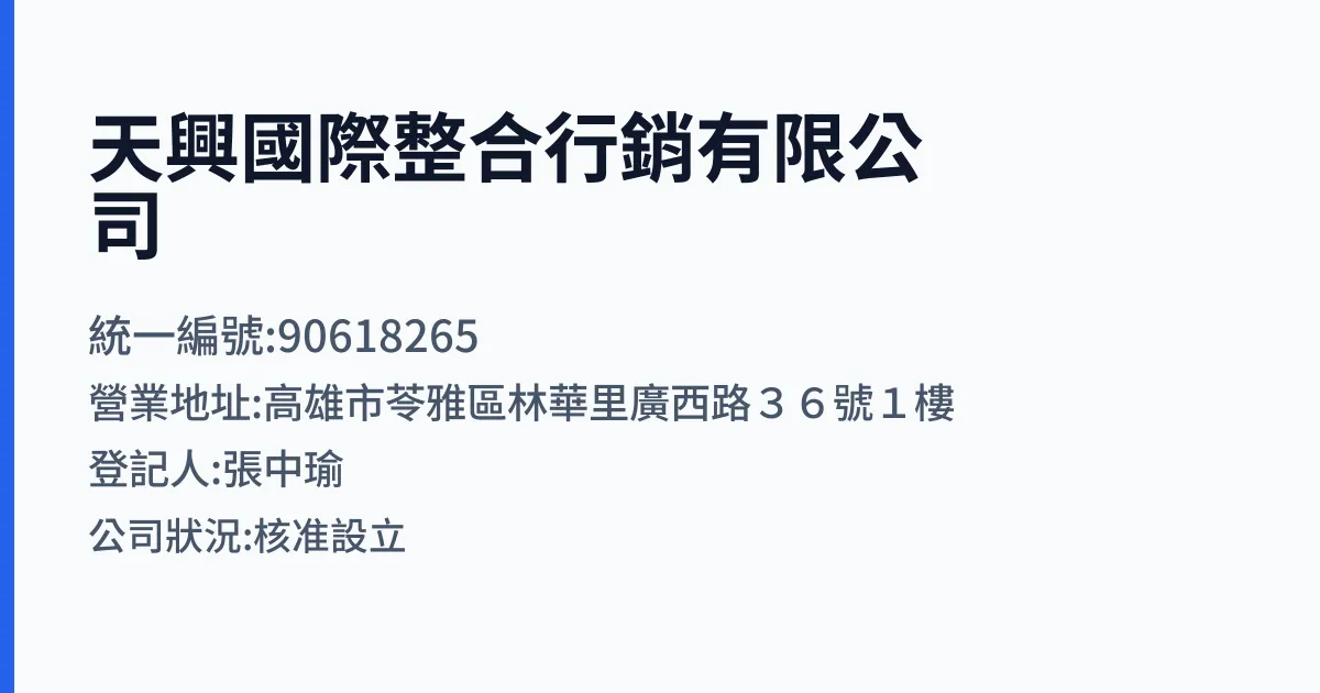 天興國際整合行銷有限公司 - 統編 90618265（高雄市） 公司登記資料與營業項目詳細圖表