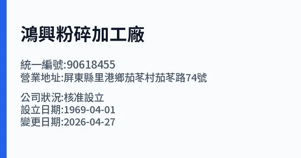 鴻興粉碎加工廠的照片-統編 90618455(屏東縣) 公司登記資料與營業項目詳細圖表