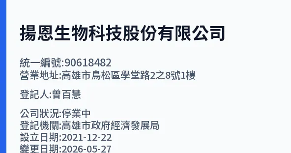 揚恩生物科技股份有限公司的照片-統編 90618482(高雄市) 公司登記資料與營業項目詳細圖表