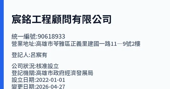 宸銘工程顧問有限公司的照片-統編 90618933(高雄市) 公司登記資料與營業項目詳細圖表
