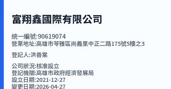 富翔鑫國際有限公司的照片-統編 90619074(高雄市) 公司登記資料與營業項目詳細圖表