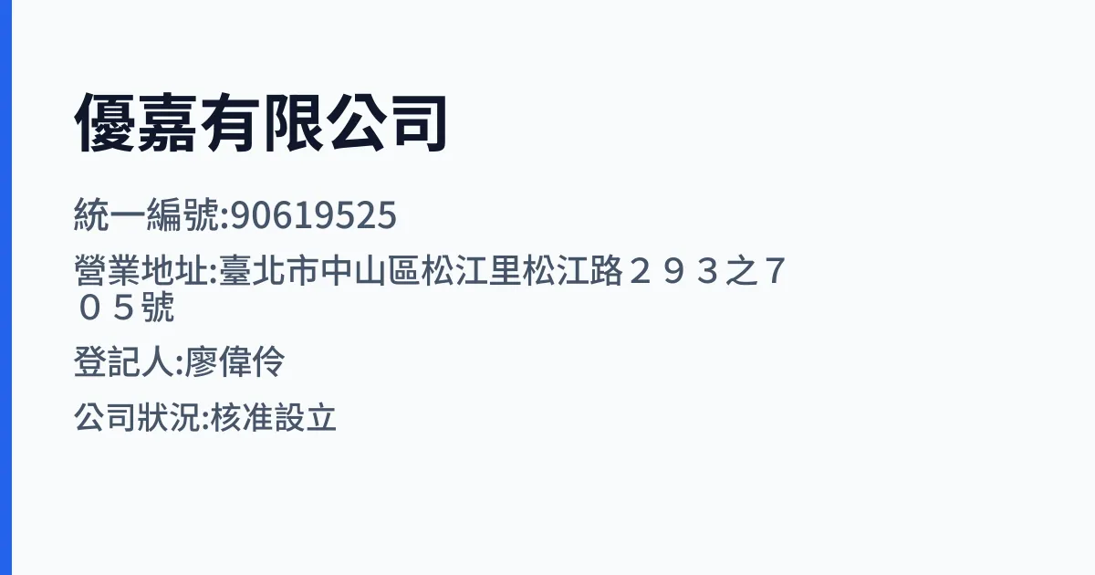 優嘉有限公司 - 統編 90619525(臺北市) 公司登記資料與營業項目詳細圖表