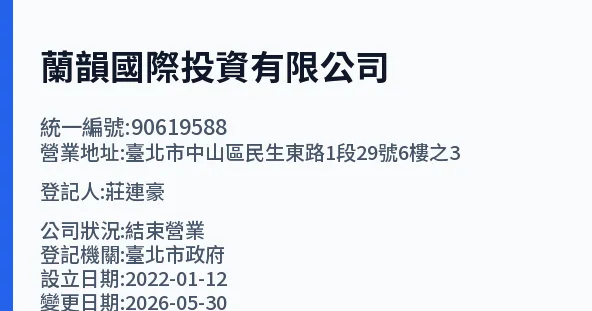 蘭韻國際投資有限公司的照片-統編 90619588(臺北市) 公司登記資料與營業項目詳細圖表