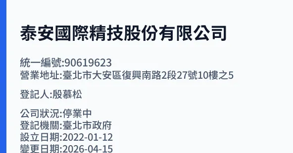 泰安國際精技股份有限公司的照片-統編 90619623(臺北市) 公司登記資料與營業項目詳細圖表