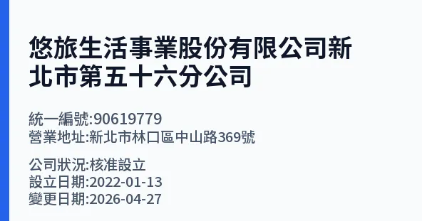 悠旅生活事業股份有限公司新北市第五十六分公司的照片-統編 90619779(新北市) 公司登記資料與營業項目詳細圖表