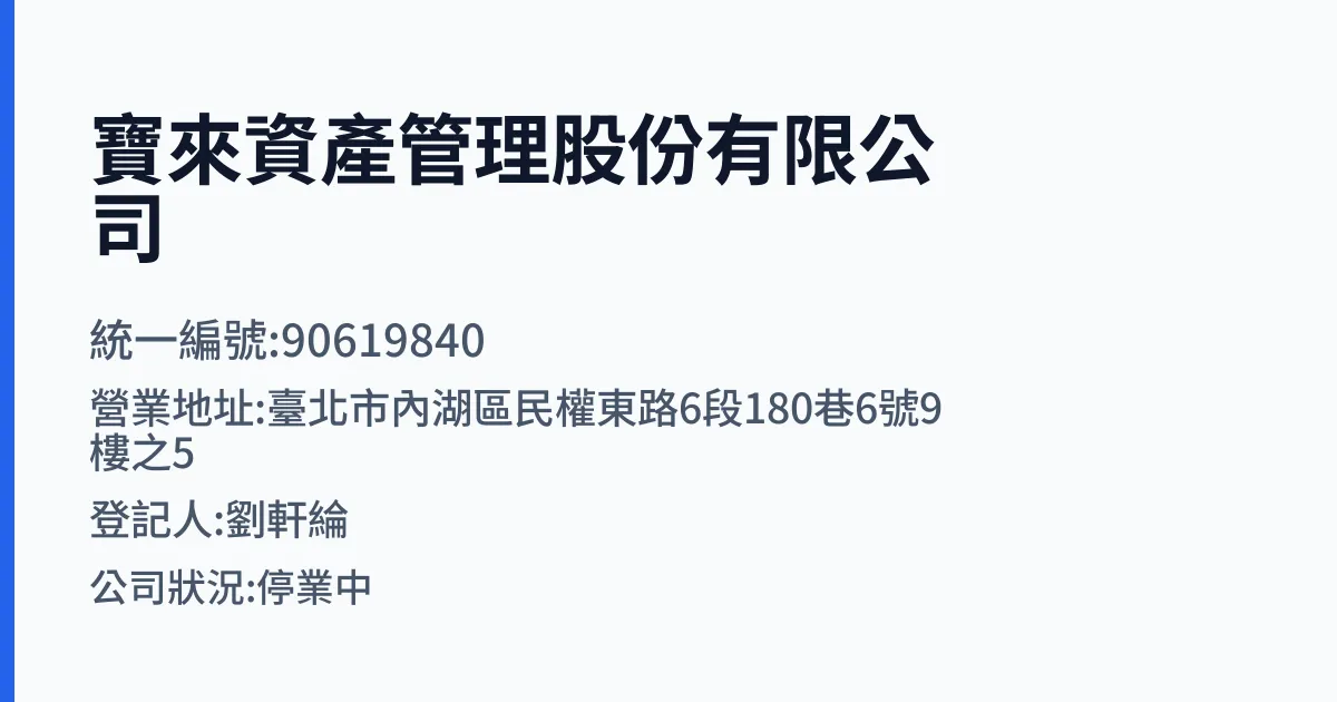 寶來資產管理股份有限公司 - 統編 90619840(臺北市) 公司登記資料與營業項目詳細圖表