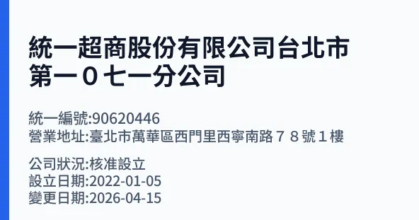 統一超商股份有限公司台北市第一０七一分公司的照片-統編 90620446(臺北市) 公司登記資料與營業項目詳細圖表