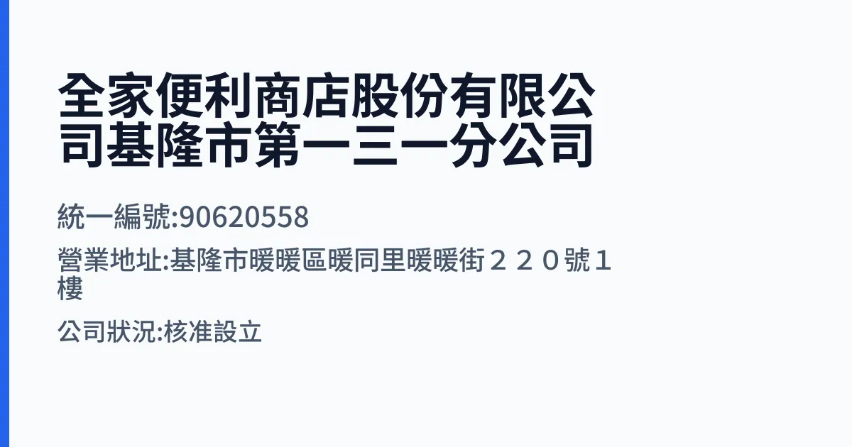 全家便利商店股份有限公司基隆市第一三一分公司 - 統編 90620558(基隆市) 公司登記資料與營業項目詳細圖表