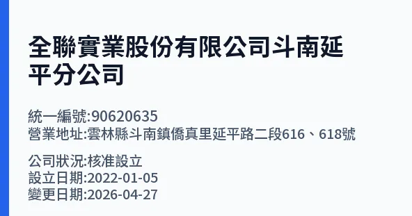 全聯實業股份有限公司斗南延平分公司的照片-統編 90620635(雲林縣) 公司登記資料與營業項目詳細圖表