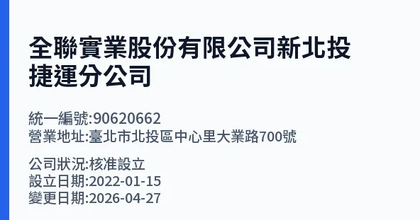 全聯實業股份有限公司新北投捷運分公司的照片-統編 90620662(臺北市) 公司登記資料與營業項目詳細圖表
