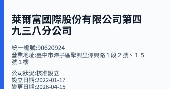 萊爾富國際股份有限公司第四九三八分公司的照片-統編 90620924(臺中市) 公司登記資料與營業項目詳細圖表