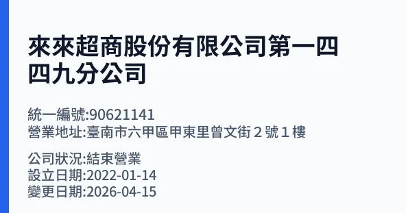 來來超商股份有限公司第一四四九分公司的照片-統編 90621141(臺南市) 公司登記資料與營業項目詳細圖表