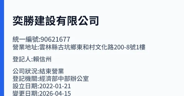 奕勝建設有限公司的照片-統編 90621677(雲林縣) 公司登記資料與營業項目詳細圖表