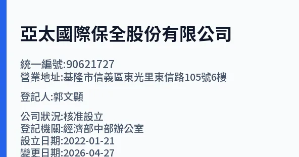 亞太國際保全股份有限公司的照片-統編 90621727(基隆市) 公司登記資料與營業項目詳細圖表