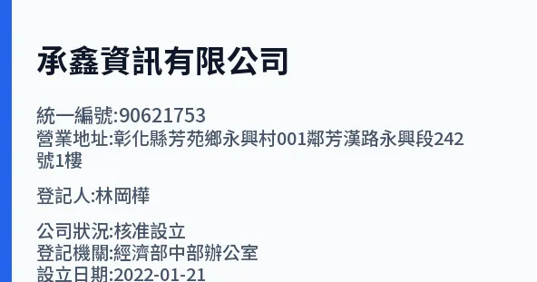 承鑫資訊有限公司的照片-統編 90621753(彰化縣) 公司登記資料與營業項目詳細圖表