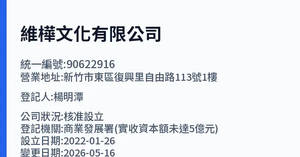 維樺文化有限公司的照片-統編 90622916(新竹市) 公司登記資料與營業項目詳細圖表
