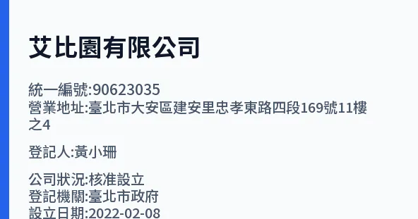 艾比園有限公司的照片-統編 90623035(臺北市) 公司登記資料與營業項目詳細圖表