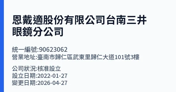 恩戴適股份有限公司台南三井眼鏡分公司的照片-統編 90623062(臺南市) 公司登記資料與營業項目詳細圖表