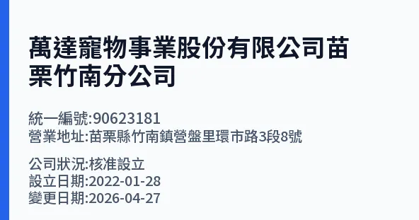 萬達寵物事業股份有限公司苗栗竹南分公司的照片-統編 90623181(苗栗縣) 公司登記資料與營業項目詳細圖表