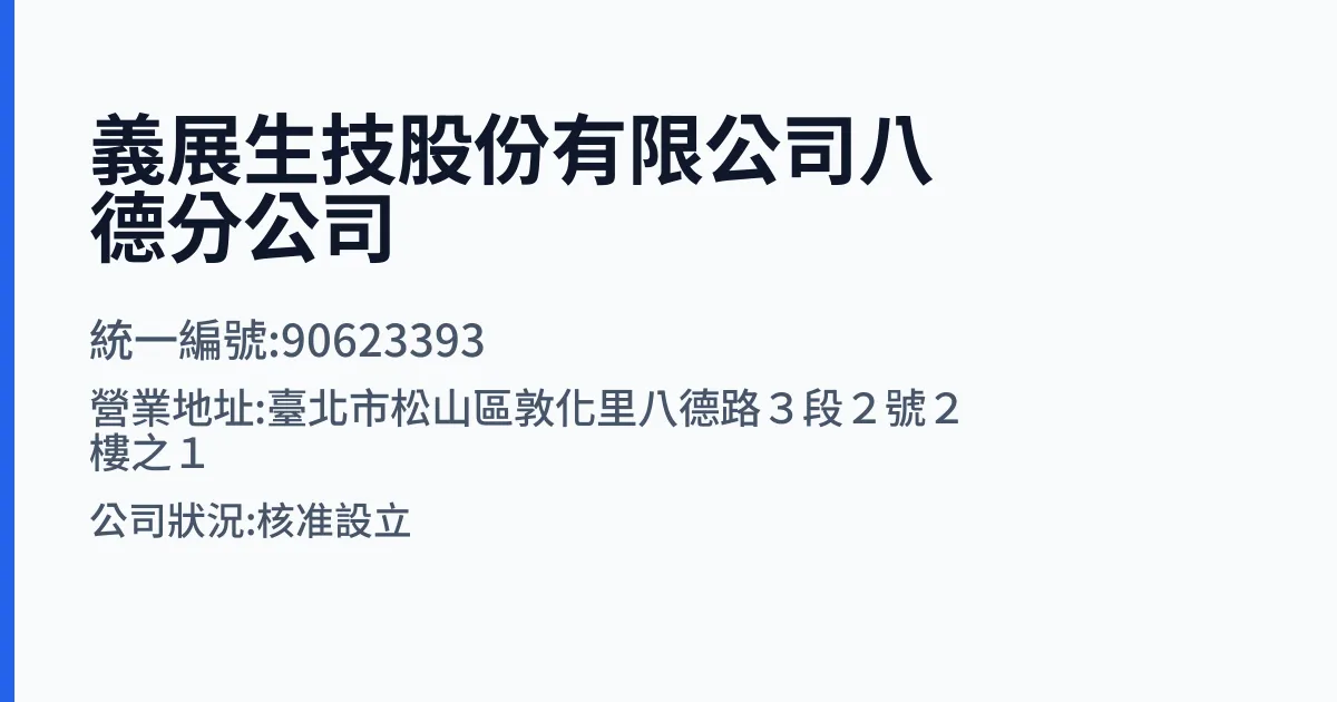 義展生技股份有限公司八德分公司 - 統編 90623393(臺北市) 公司登記資料與營業項目詳細圖表