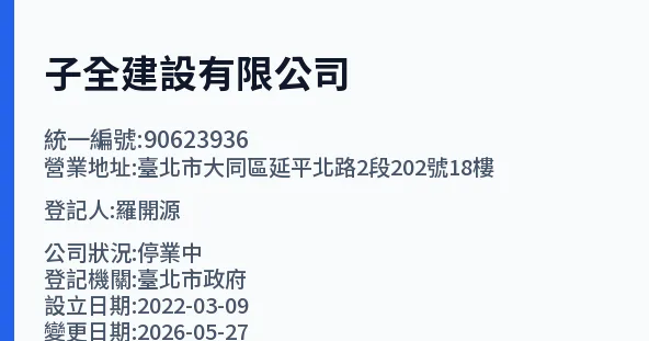 子全建設有限公司的照片-統編 90623936(臺北市) 公司登記資料與營業項目詳細圖表