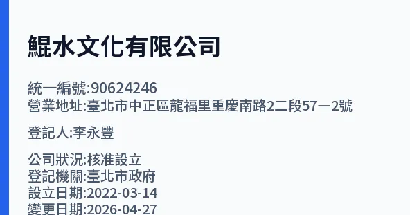鯤水文化有限公司的照片-統編 90624246(臺北市) 公司登記資料與營業項目詳細圖表