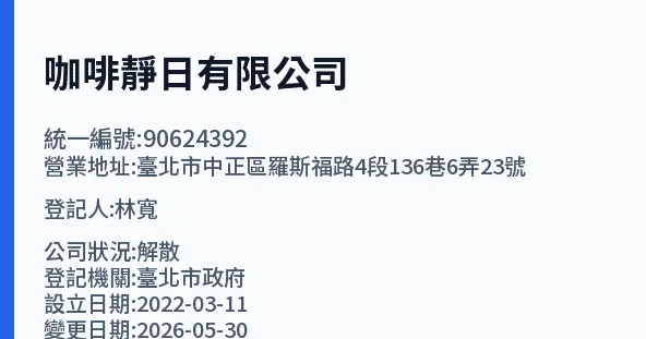 咖啡靜日有限公司的照片-統編 90624392(臺北市) 公司登記資料與營業項目詳細圖表
