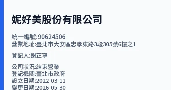 妮好美股份有限公司的照片-統編 90624506(臺北市) 公司登記資料與營業項目詳細圖表