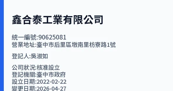 鑫合泰工業有限公司的照片-統編 90625081(臺中市) 公司登記資料與營業項目詳細圖表