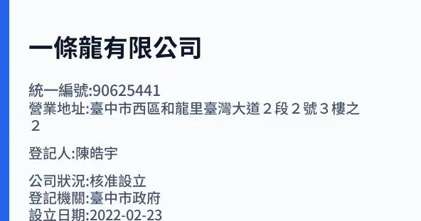一條龍有限公司的照片-統編 90625441(臺中市) 公司登記資料與營業項目詳細圖表