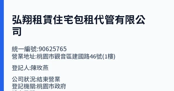 弘翔租賃住宅包租代管有限公司的照片-統編 90625765(桃園市) 公司登記資料與營業項目詳細圖表