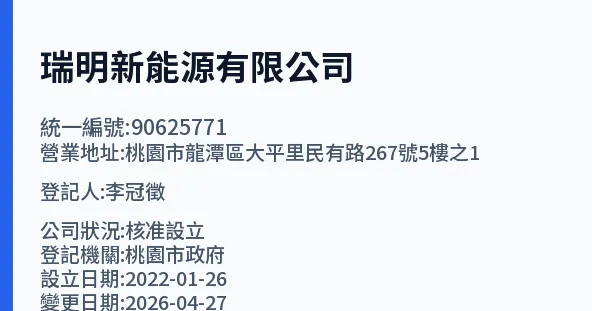 瑞明新能源有限公司的照片-統編 90625771(桃園市) 公司登記資料與營業項目詳細圖表