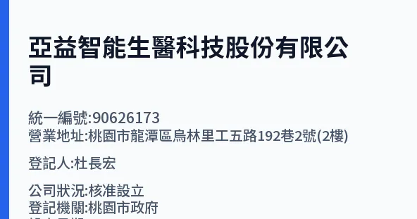 亞益智能生醫科技股份有限公司的照片-統編 90626173(桃園市) 公司登記資料與營業項目詳細圖表