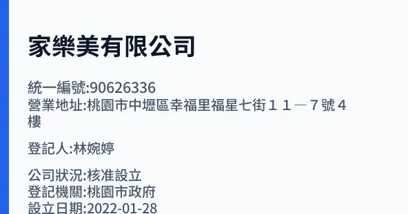 家樂美有限公司的照片-統編 90626336(桃園市) 公司登記資料與營業項目詳細圖表
