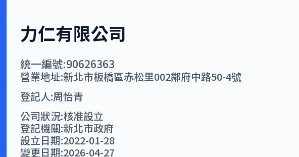 力仁有限公司的照片-統編 90626363(新北市) 公司登記資料與營業項目詳細圖表